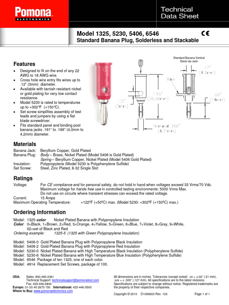 Model 1325, 5230, 5406, 6546: Standard Banana Plug, Solderless and ...