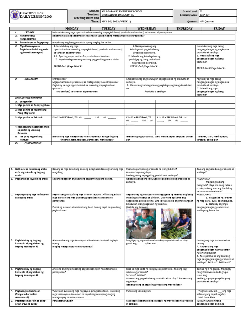 Jun Grade 5 Dll Epp 5 q4 Week 1 (Co2) | PDF
