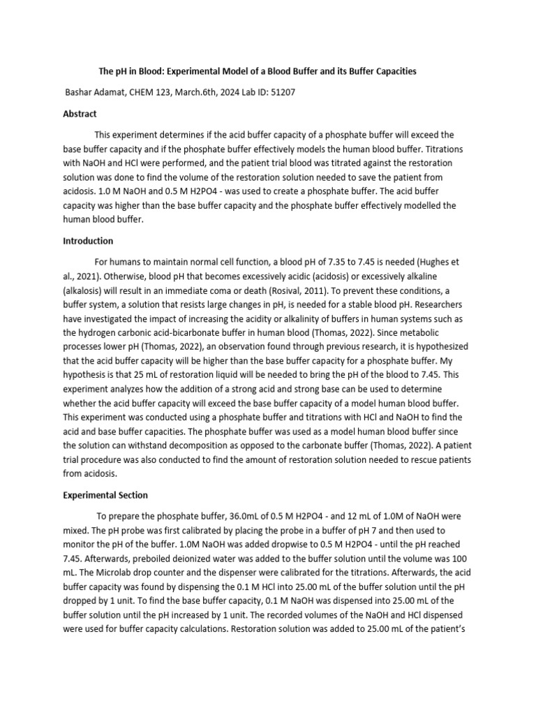 PH in Blood Experimental Model of A Blood Buffer and Its Buf | PDF ...