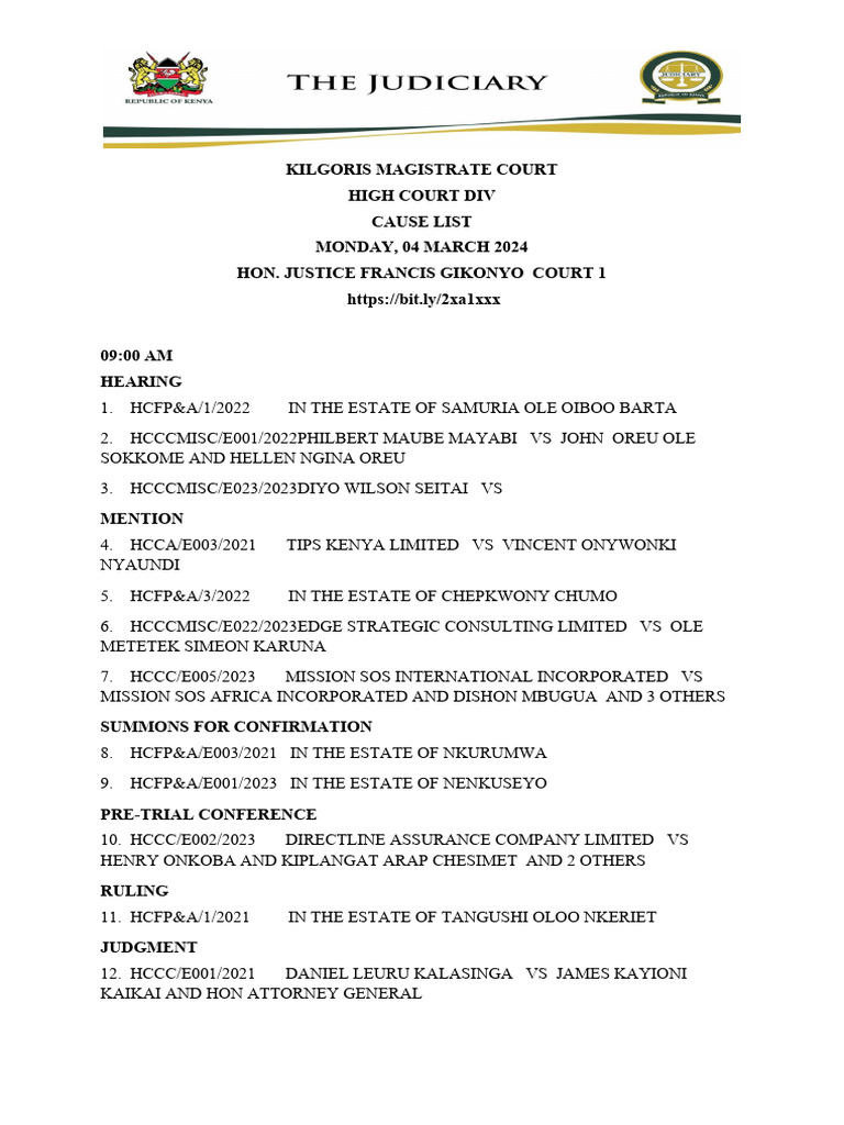 Kilgoris High Court Cause List March 2024 | PDF | Practice Of Law | Justice