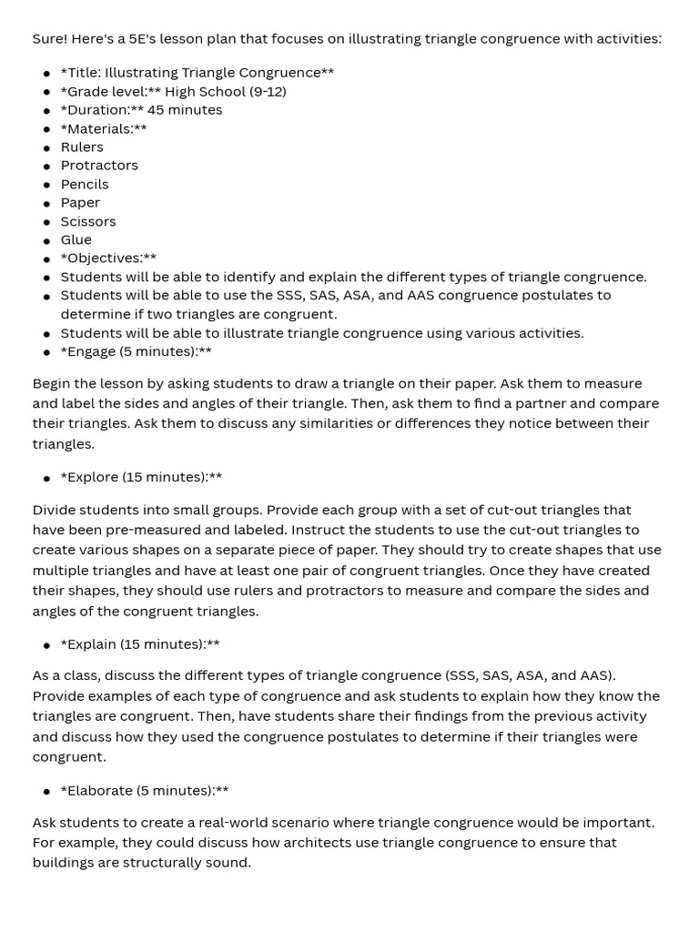 Sure! Here's A 5e's Lesson Plan That Focuses On Illustrating Triangle ...