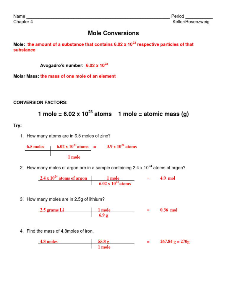Mole Conversion Notes KEY | PDF | Mole (Unit) | Quantity