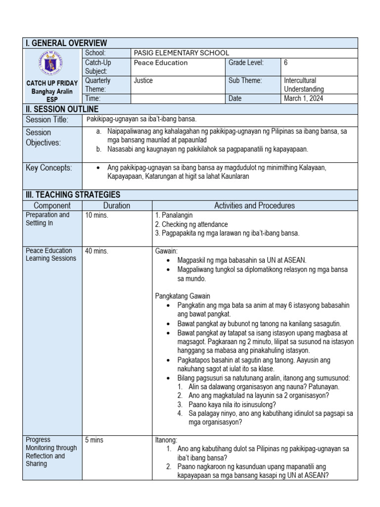 Grade 6 Catch Up Friday PEACE ED March1 Lesson Plan - SDO PASIG | PDF