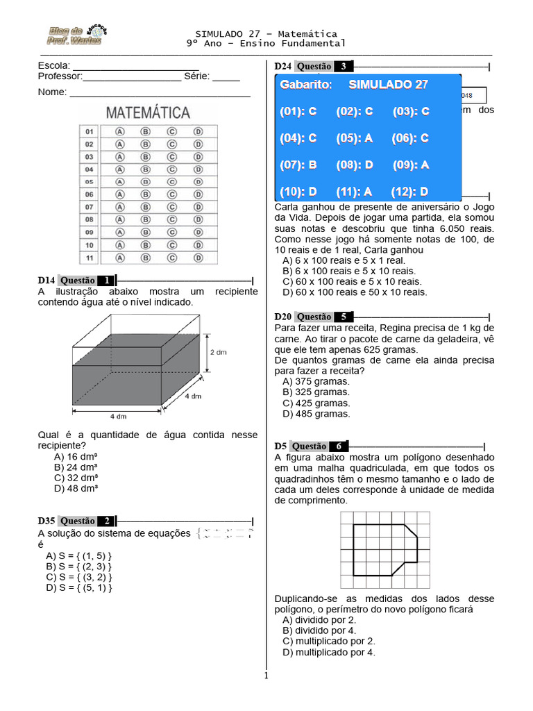 Simulado 27 (Mat. 9º Ano - Blog Do Prof. Warles) | PDF | Matemática