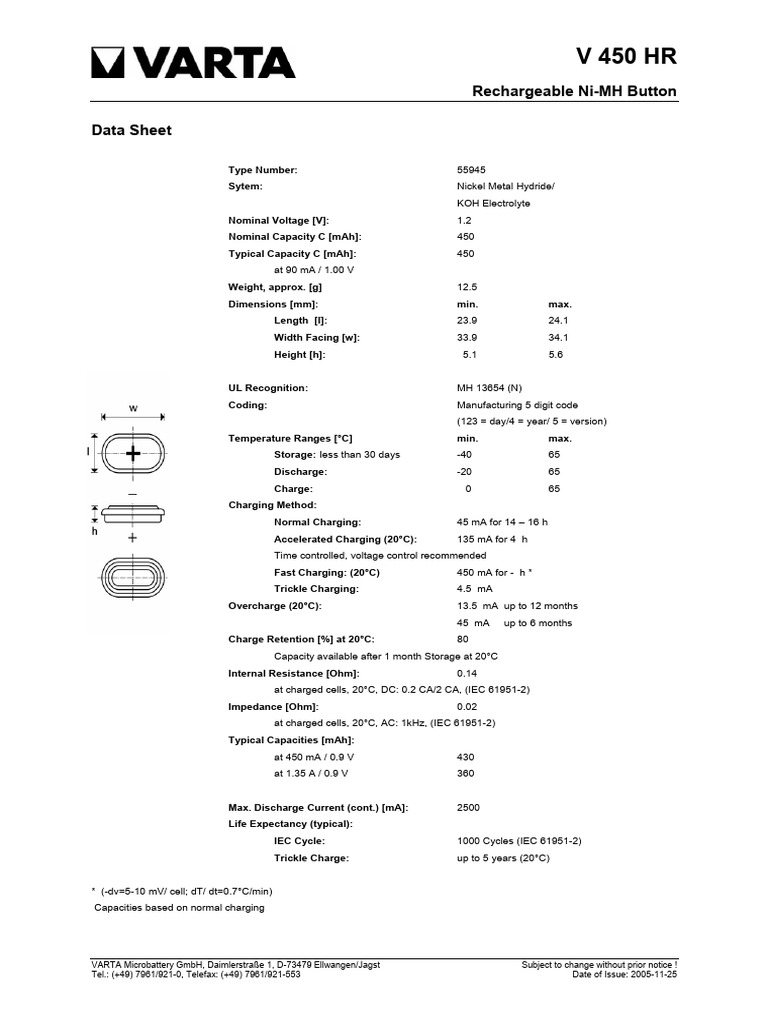 Rechargeable Ni-MH Button Data Sheet | PDF | Electric Power | Battery ...