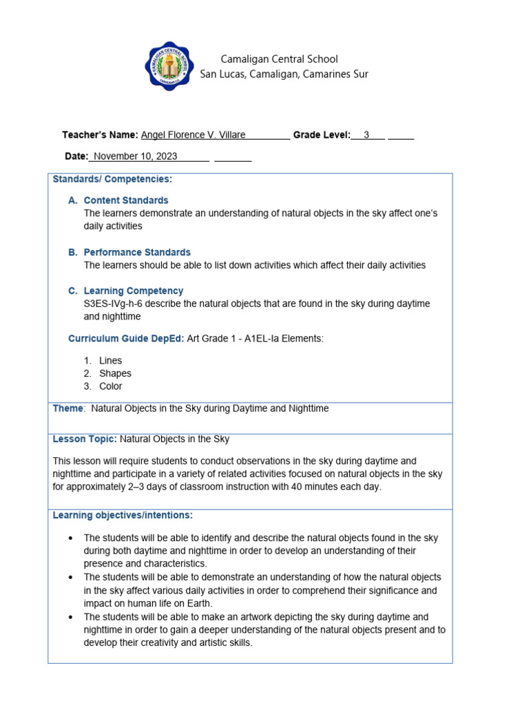 Grade 3 Lesson: Sky Observations | PDF | Learning | Teachers