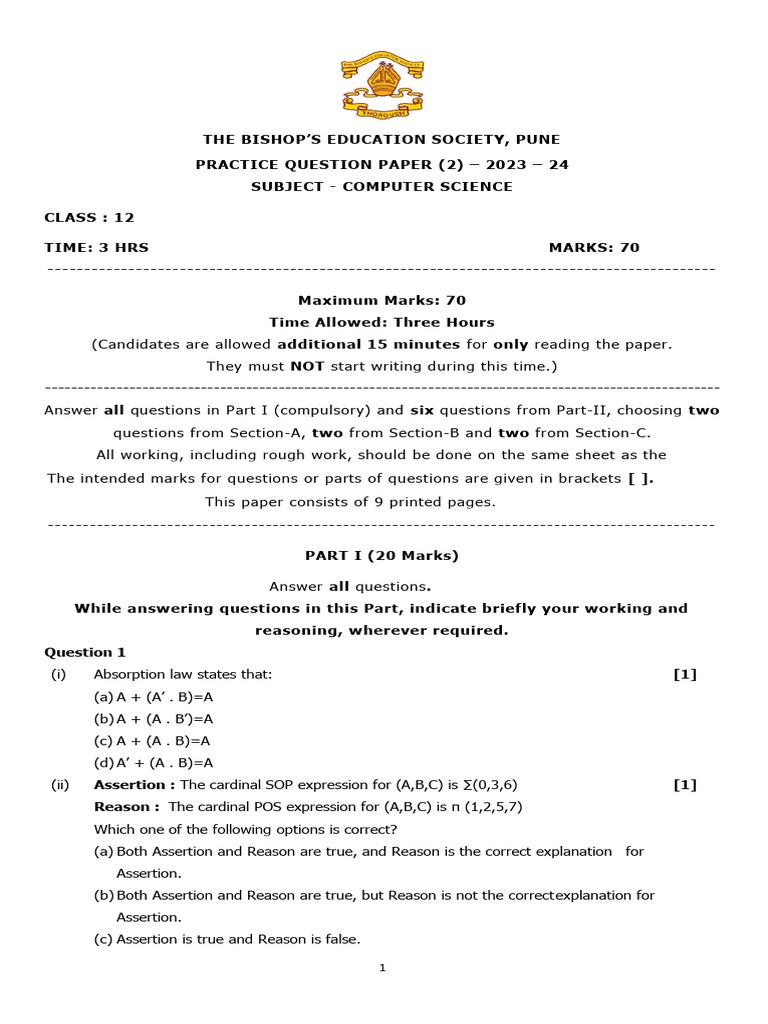 13122023011903computer Science Practice Paper 2 | PDF | Boolean Algebra ...