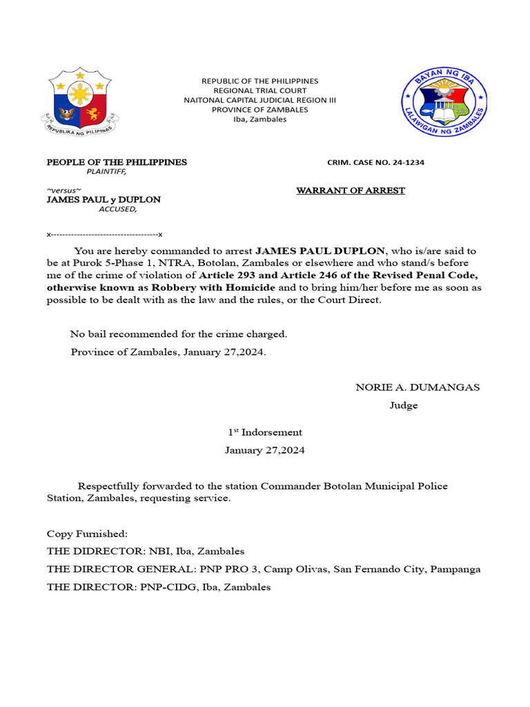 Warrant of Arrest Sample | PDF