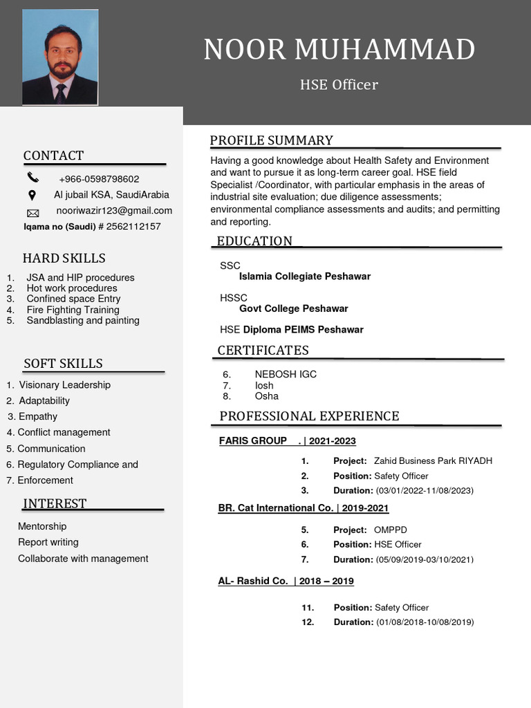 Noor Muhammad HSE CV | PDF | Safety | Occupational Safety And Health
