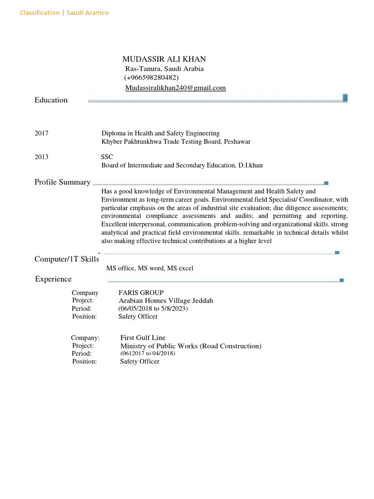 Mudassir Ali Khan CV | PDF | Occupational Safety And Health | Pakistan