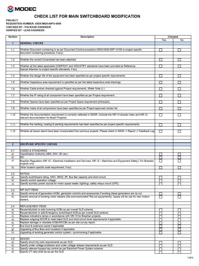 60-6005 - Check List For Main Switchboard RFQ | Download Free PDF ...