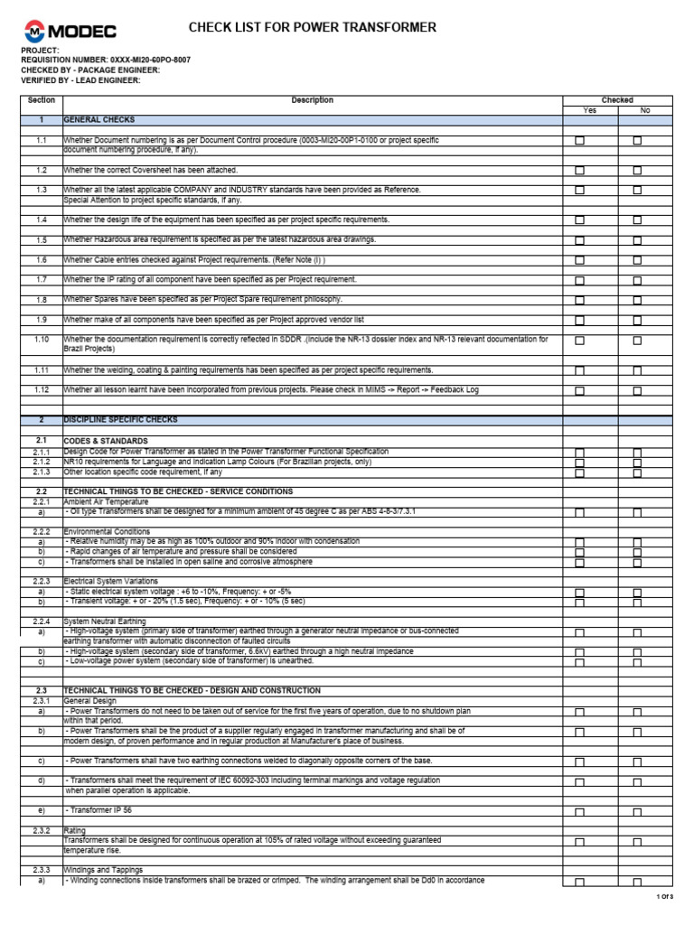 60-8007 - Check List For Power Transformer RFQ | PDF