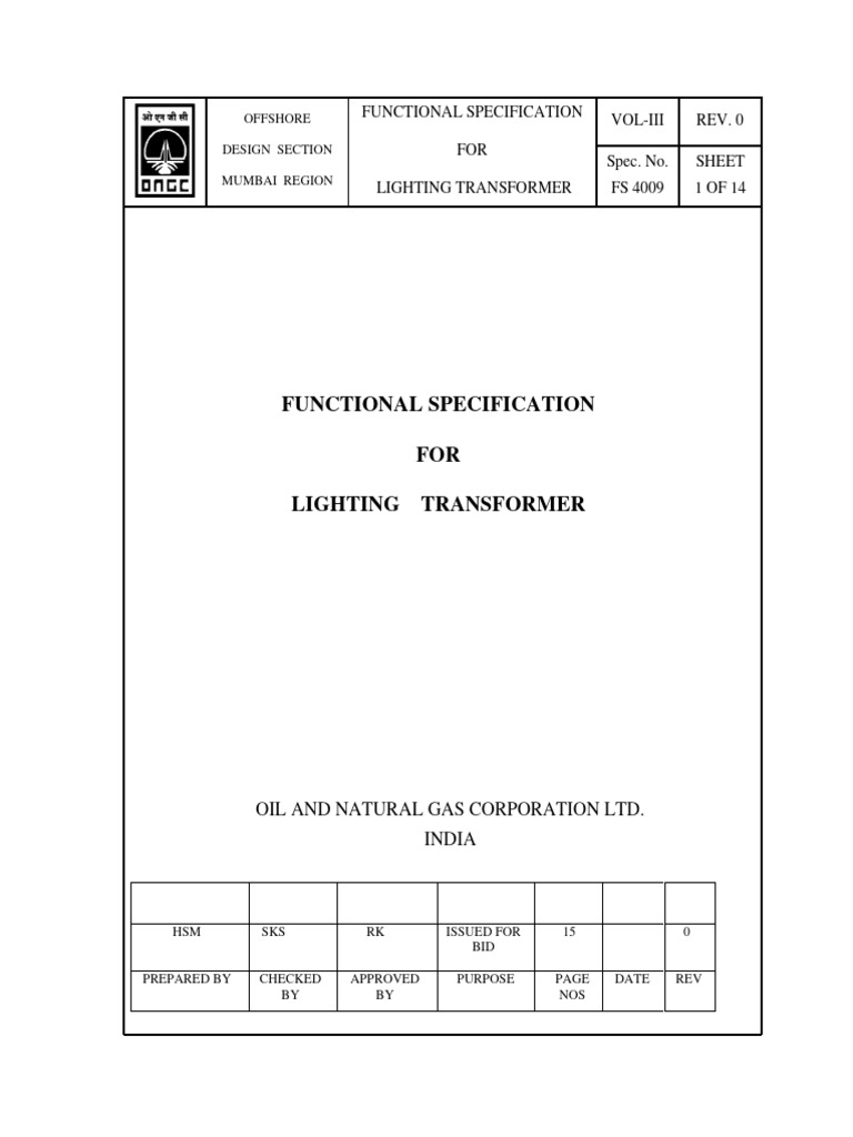 FS 4009 Lighting Transformer, Rev - 0 | PDF | Transformer | Specification (Technical Standard)