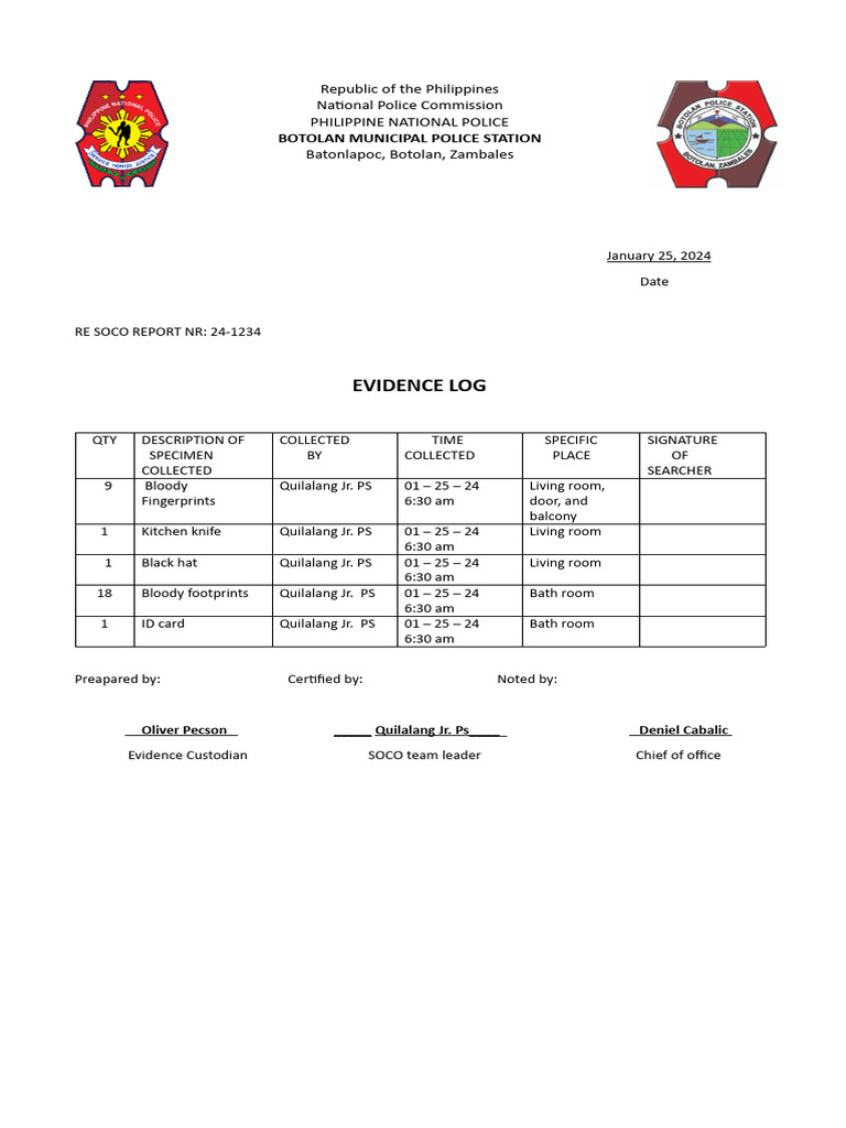 evidence log sample | PDF