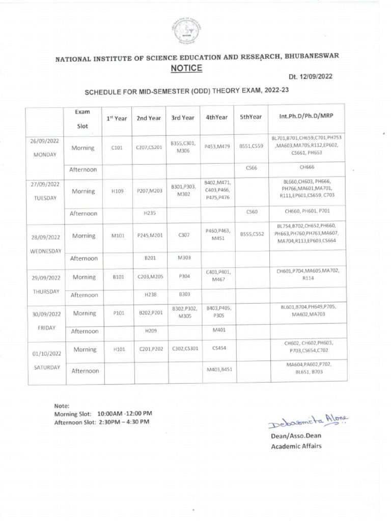 Mid Sem Exam Time Table 2022-23 | PDF