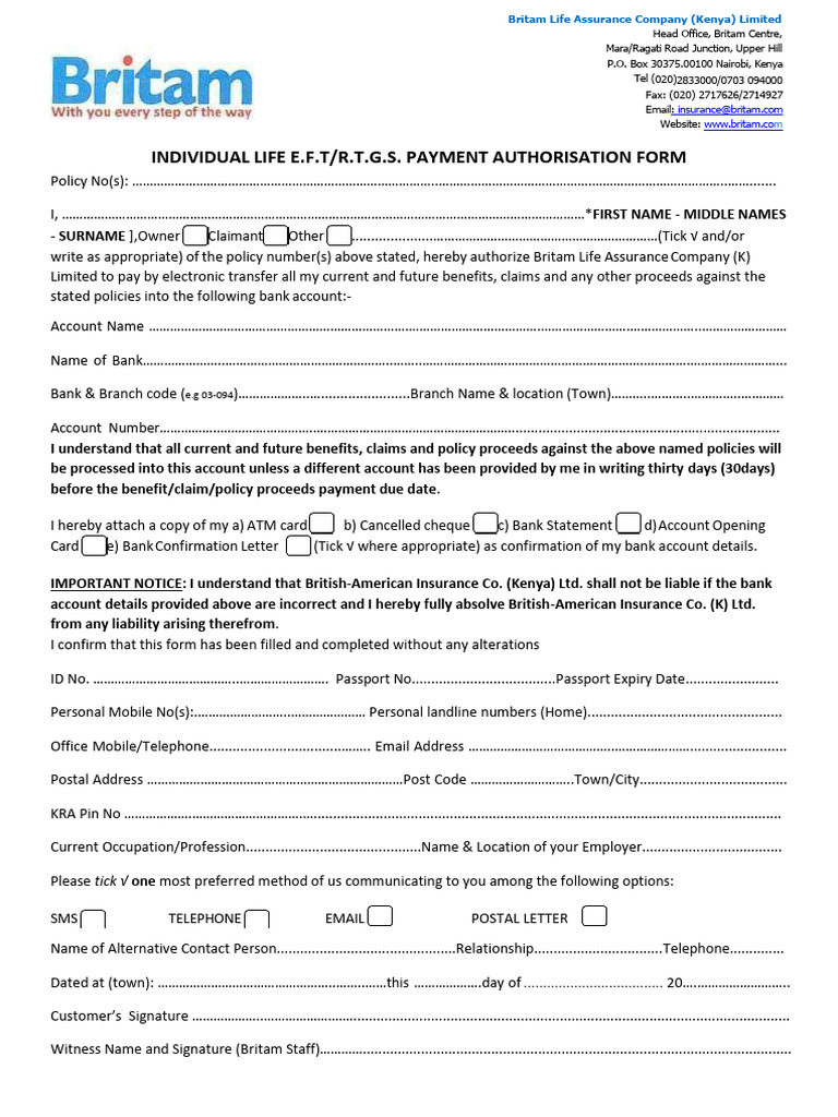 LIFE -E.F.T, R.T.G.S. Payment Authorisation Form | PDF | Banks ...