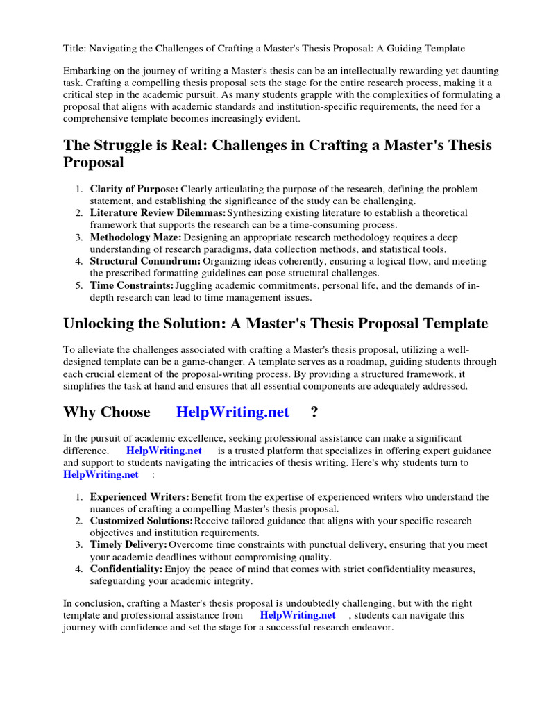 How To Write A Masters Thesis Proposal Template | PDF