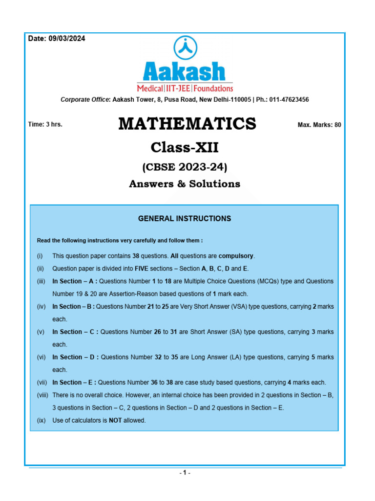CBSE Ans-And-Sol Mathematics-Class XII 09-03-2024 | PDF