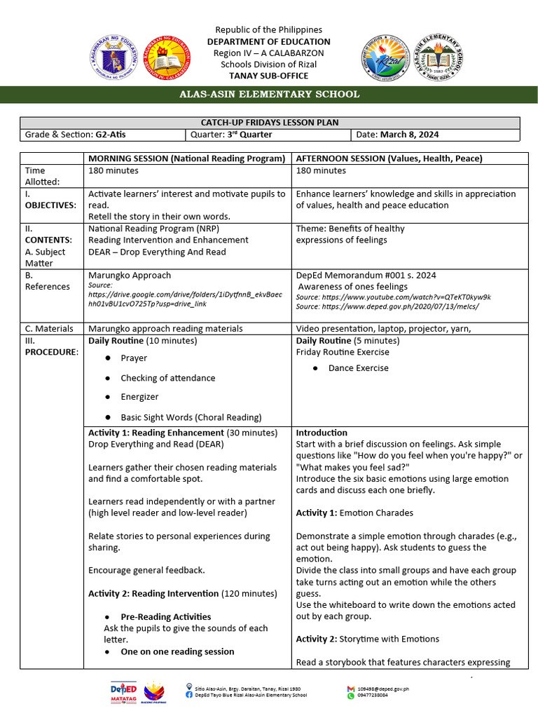 G2 - Q3 - CUF Lesson Plan (Jan. 26) | PDF | Emotions | Behavior Modification