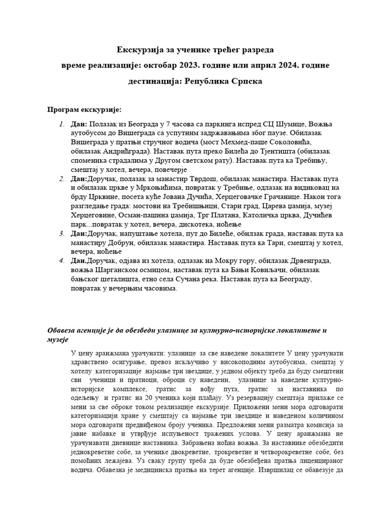 Ekskurzija Treci Razred 2023 2024 | PDF
