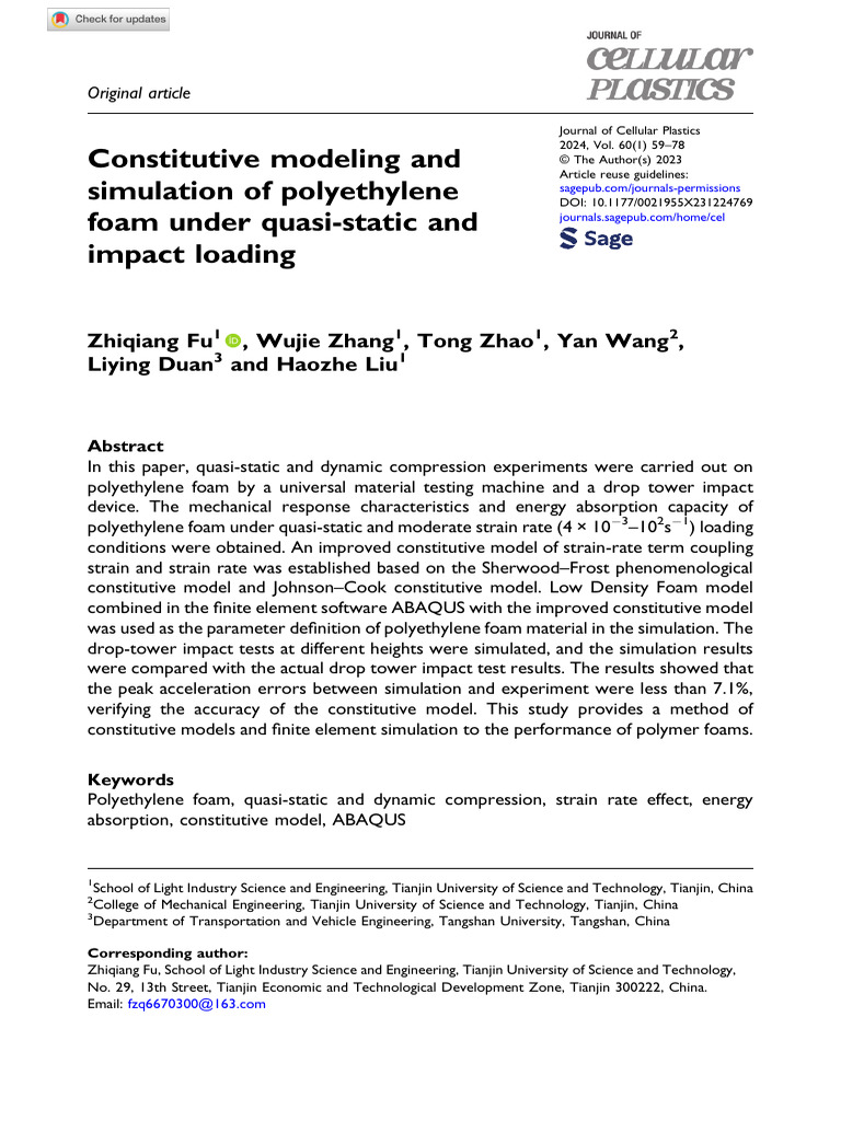 Fu Et Al 2023 Constitutive Modeling and Simulation of Polyethylene Foam ... Fu Et Al 2023 Constitutive Modeling and Simulation of Polyethylene Foam ...