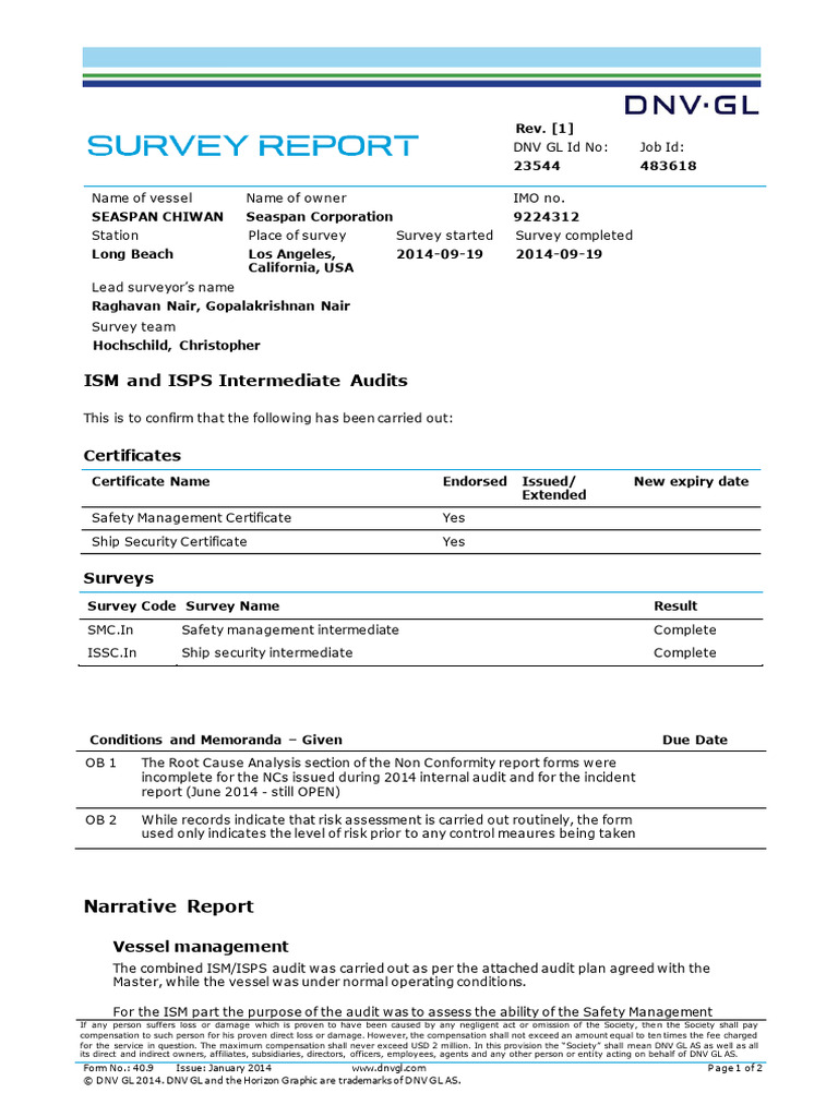 SEASPAN CHIWAN ISM/ISPS Audit Report | PDF | Verification And Validation