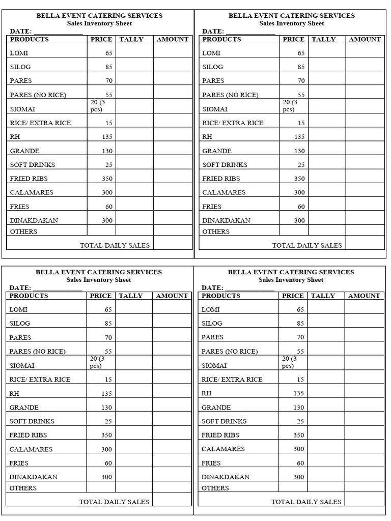 Bella Sales Inventory Sheet | PDF | Food And Drink | Foods