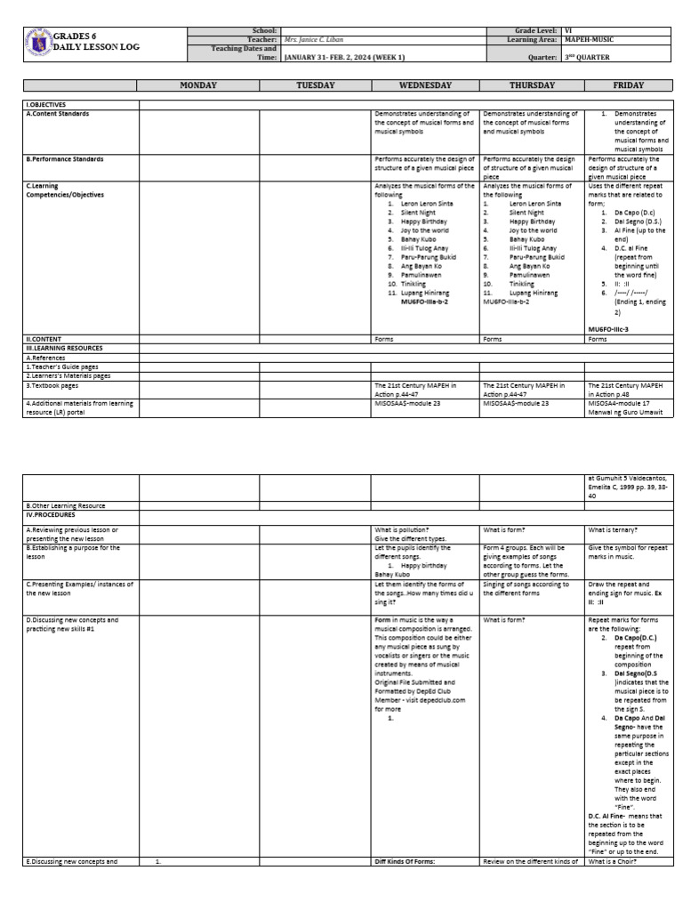 DLL Mapeh 6 Q3 W1 | PDF