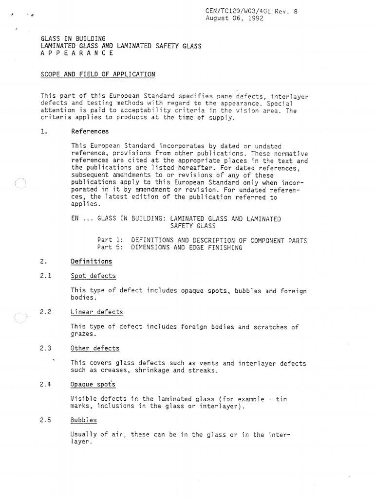 CEN TC 129 WG3 40 E Rev 8 Laminated Glass and Laminated Safety Glass Appearance (Draft) | PDF