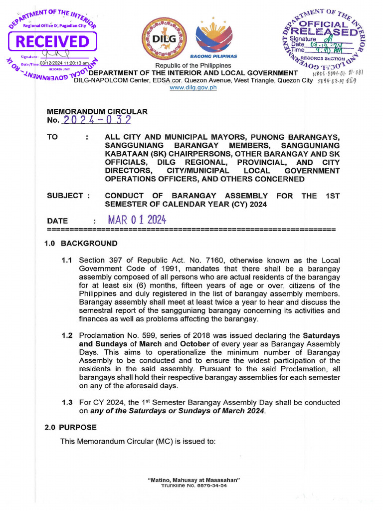 DILG MC 2024-032 Conduct of Brgy Assembly for the 1st Semester of CY ...