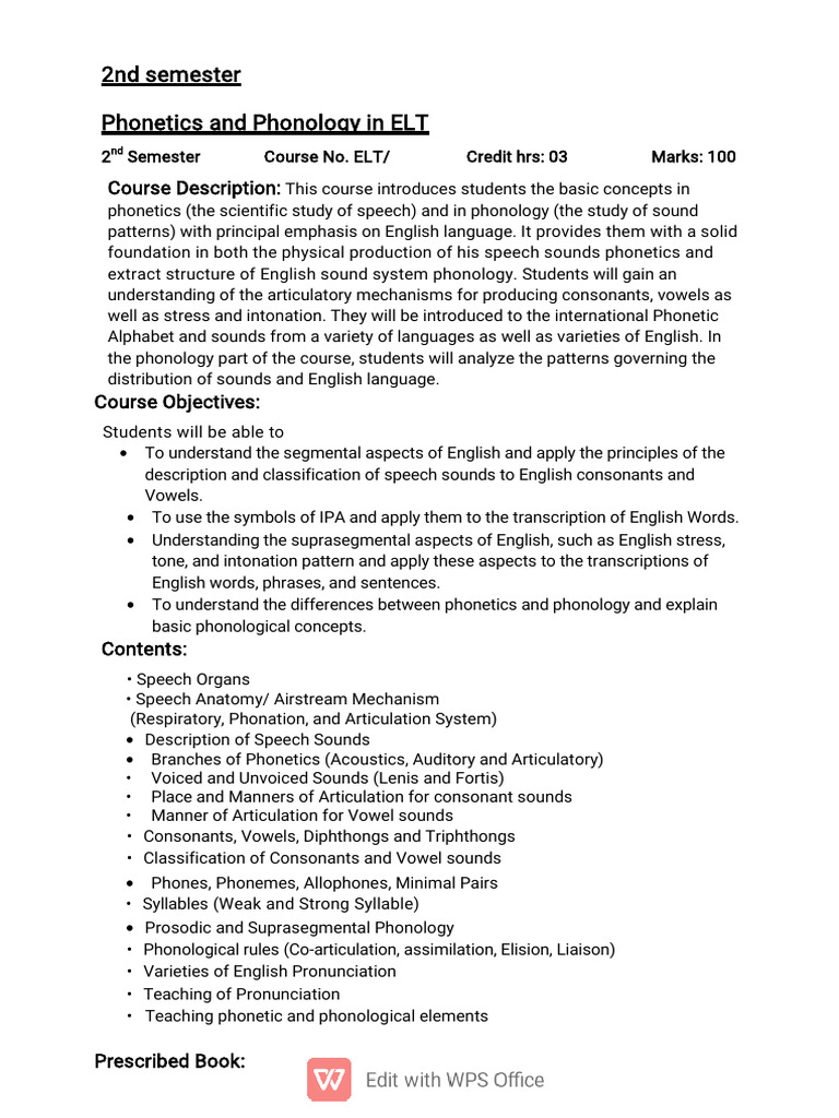 Phonetics and Phonology COurse Outline | Download Free PDF | Phonetics | Phonology