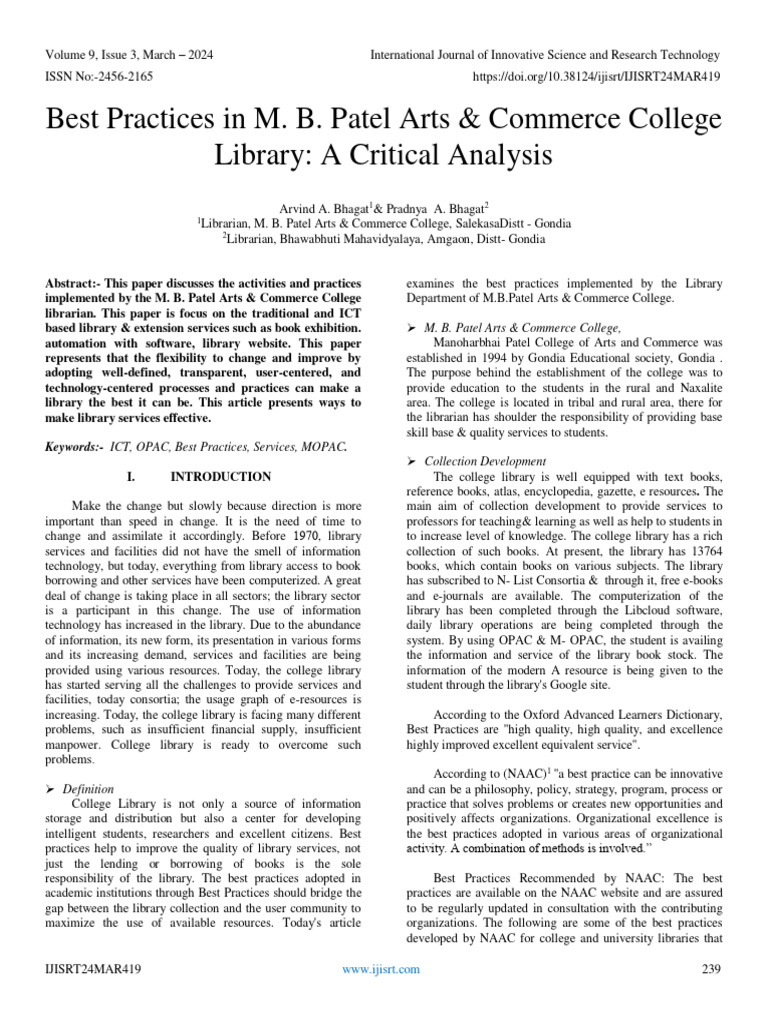 Best Practices in M. B. Patel Arts & Commerce College Library: A ...