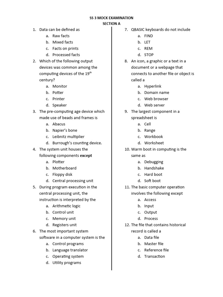 SS 3 MOCK EXAMINATION Computer 2020 | PDF | Computer Network | Computer Data Storage