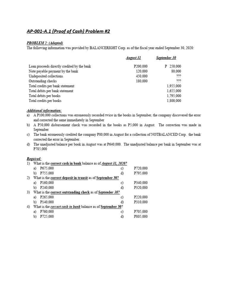 AP 001 A.2 Proof of Cash Prob 2 | PDF | Banks | Money