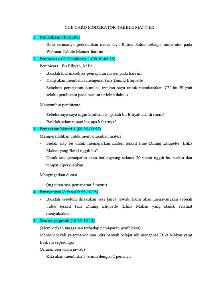 Cue Card Moderator Tabble Manner | PDF