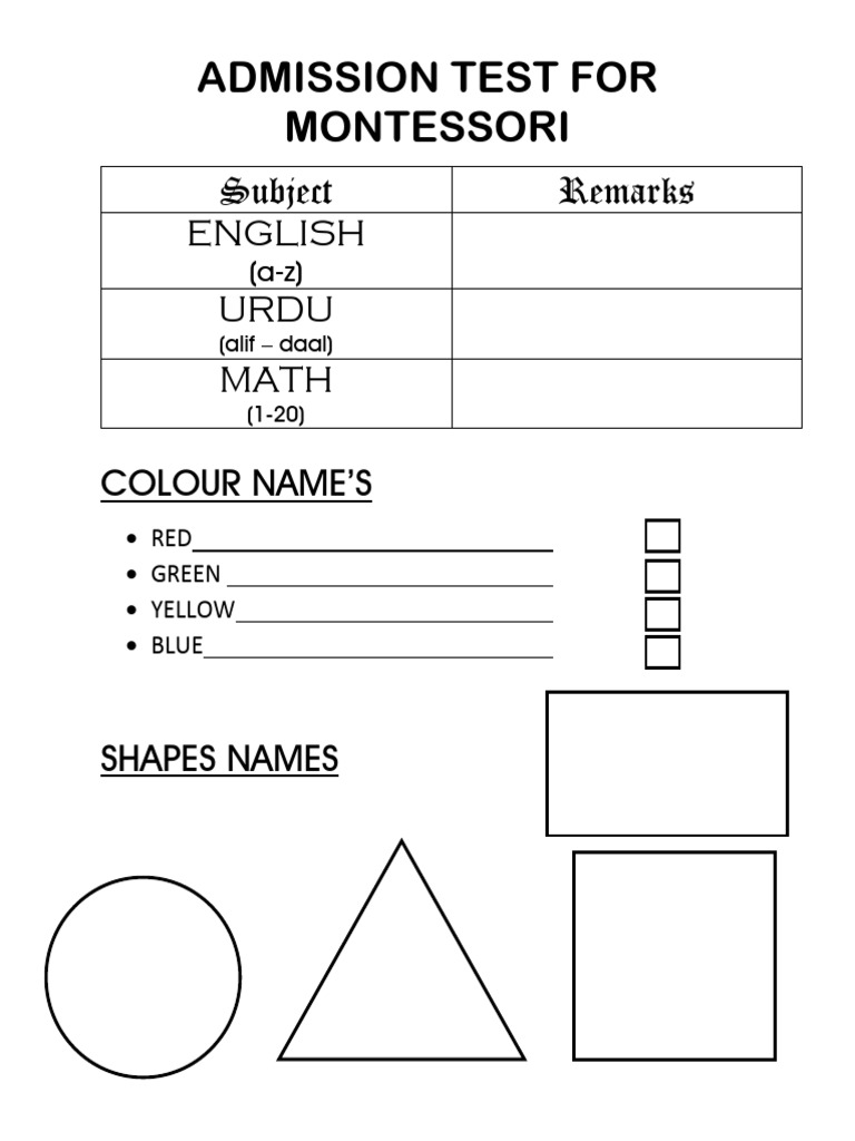 Entry Test For Montessori | PDF