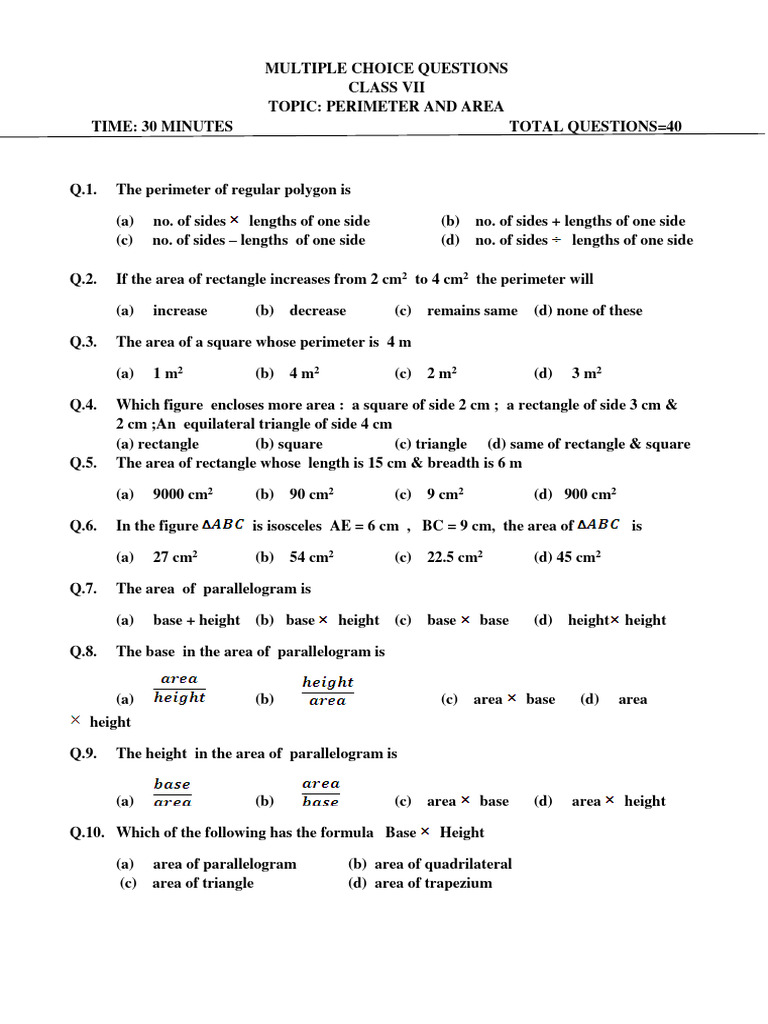 MCQ Class Vii | Download Free PDF | Area | Elementary Geometry