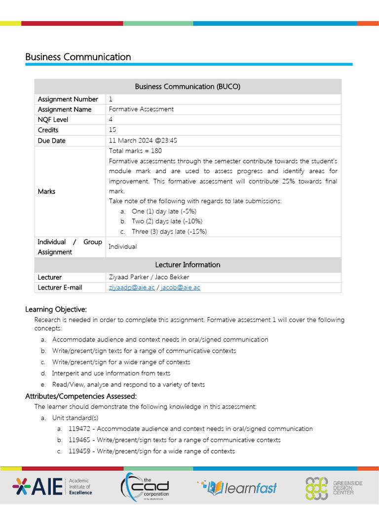Business Communication Formative Assessment | PDF | Educational ...