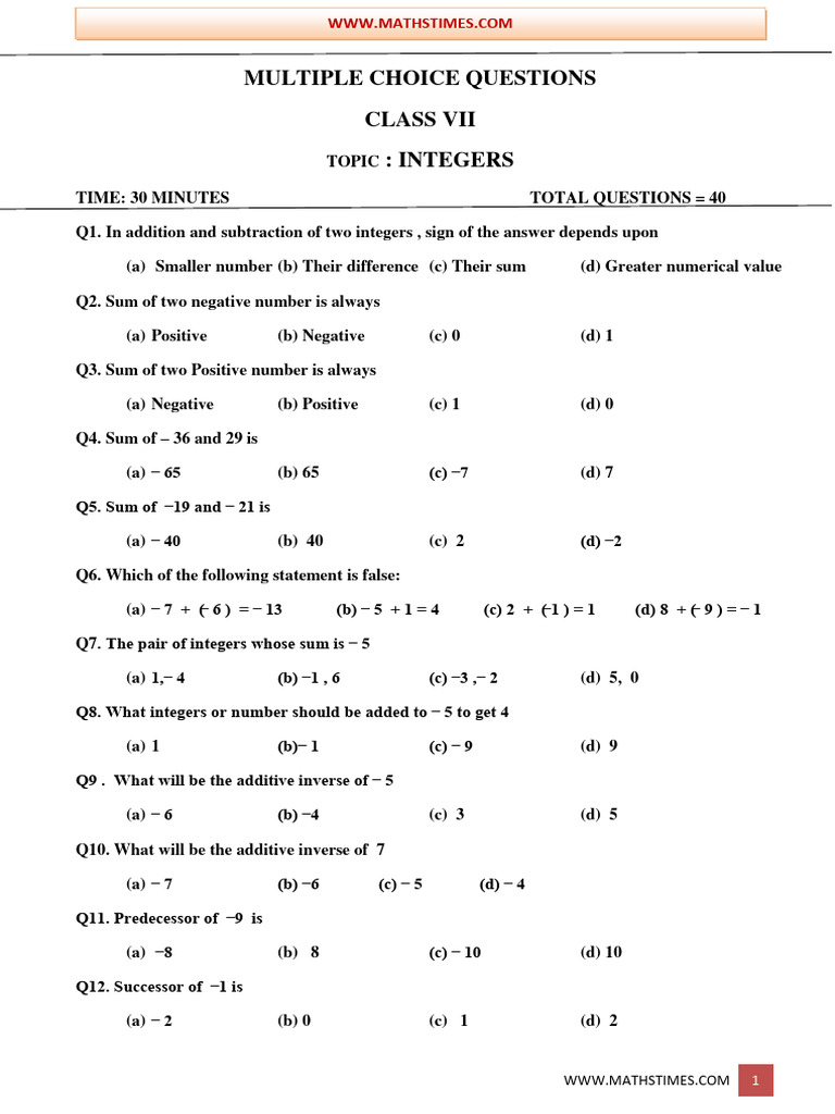 MCQ Class Vii | PDF | Numbers | Integer