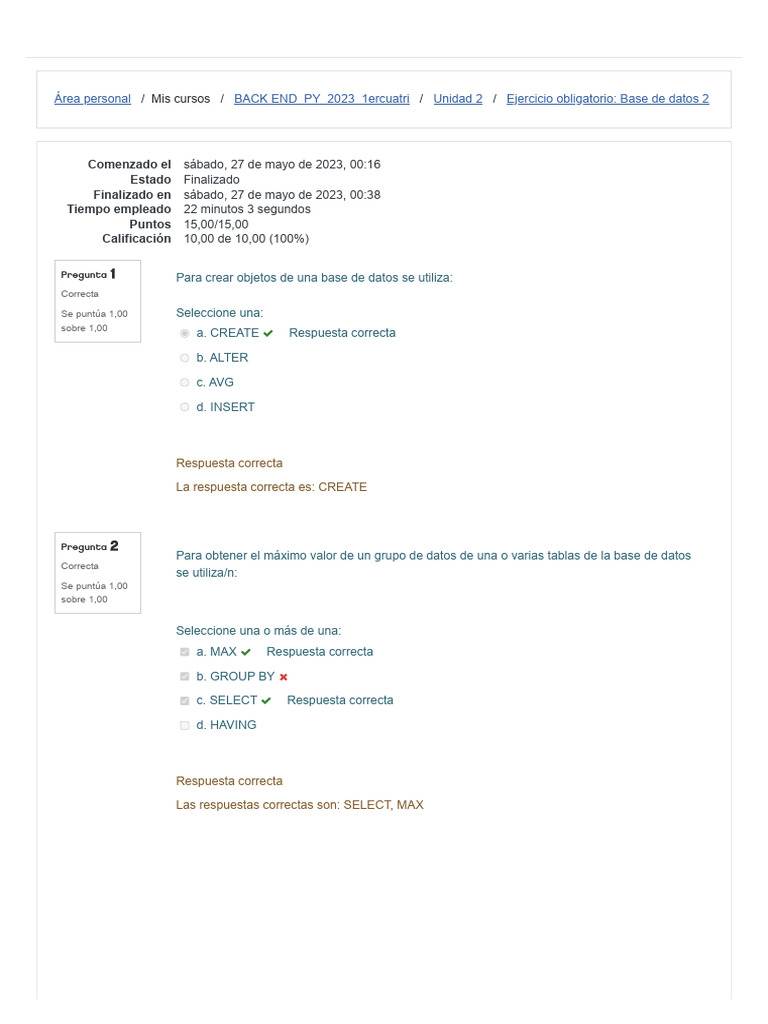Ejercicio Obligatorio - Base de Datos 2 - Revisión Del Intento | PDF ...