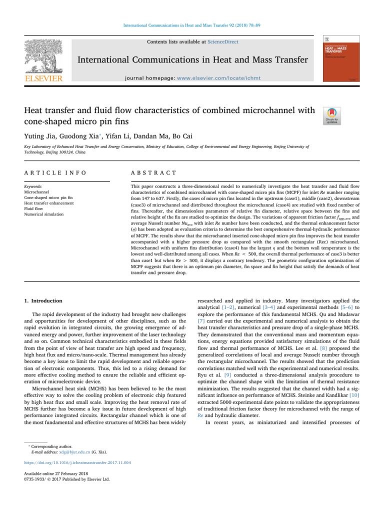 Jia Et Al. - 2018 - Heat Transfer and Fluid Flow Characteristics of Co | PDF | Heat Transfer | Heat