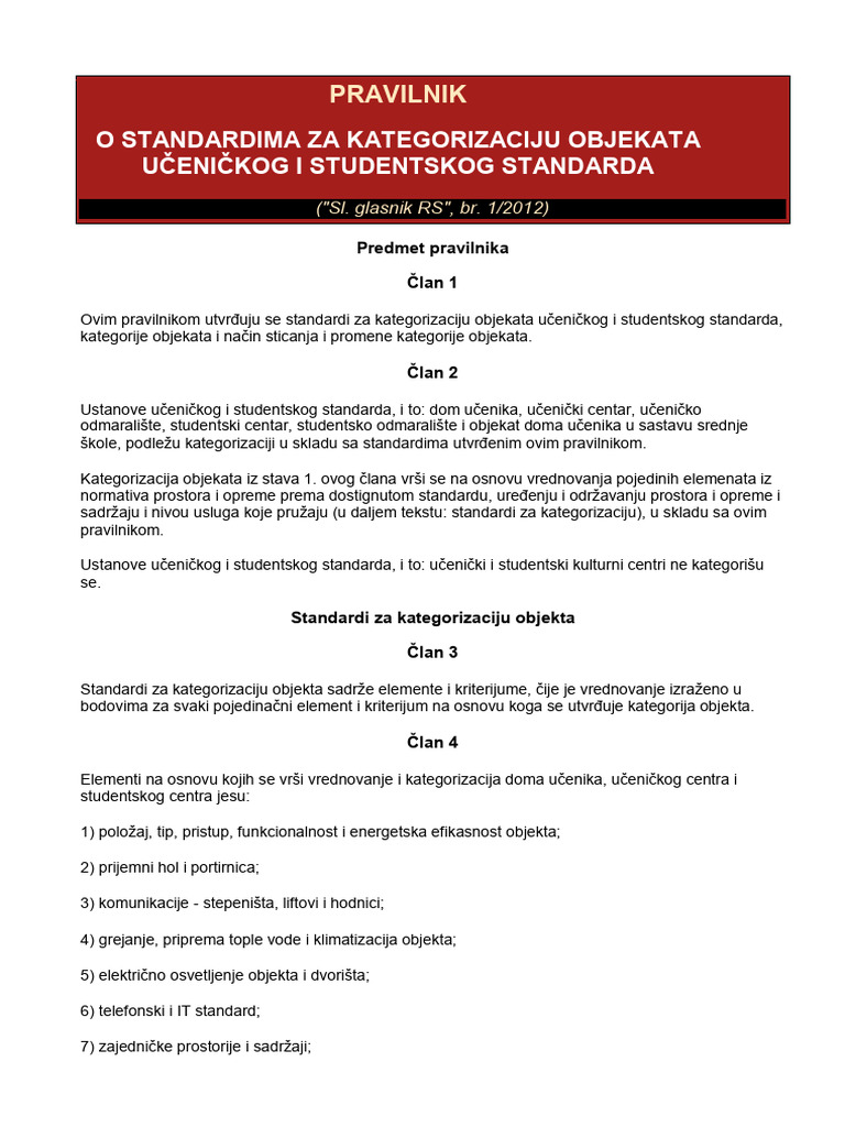 Pravilnik o Standardima Za Kategorizaciju Objekata Ucenickog I ...
