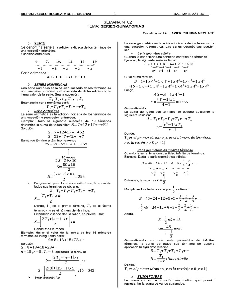 Raz - Matematico - s02 - Series y Sumatorias - Ades Set-Dic 2023 | PDF | Secuencia | Cálculo
