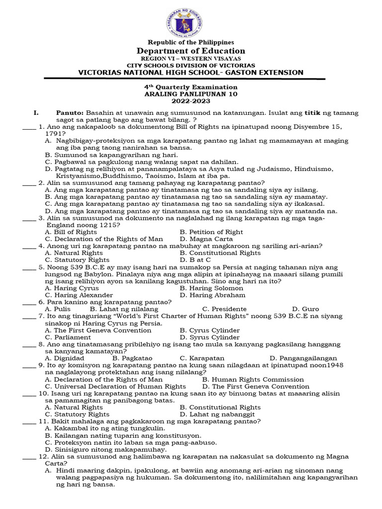 ARALING PANLIPUNAN 10 4th Quarterly Examination | PDF ARALING PANLIPUNAN 10 4th Quarterly Examination | PDF