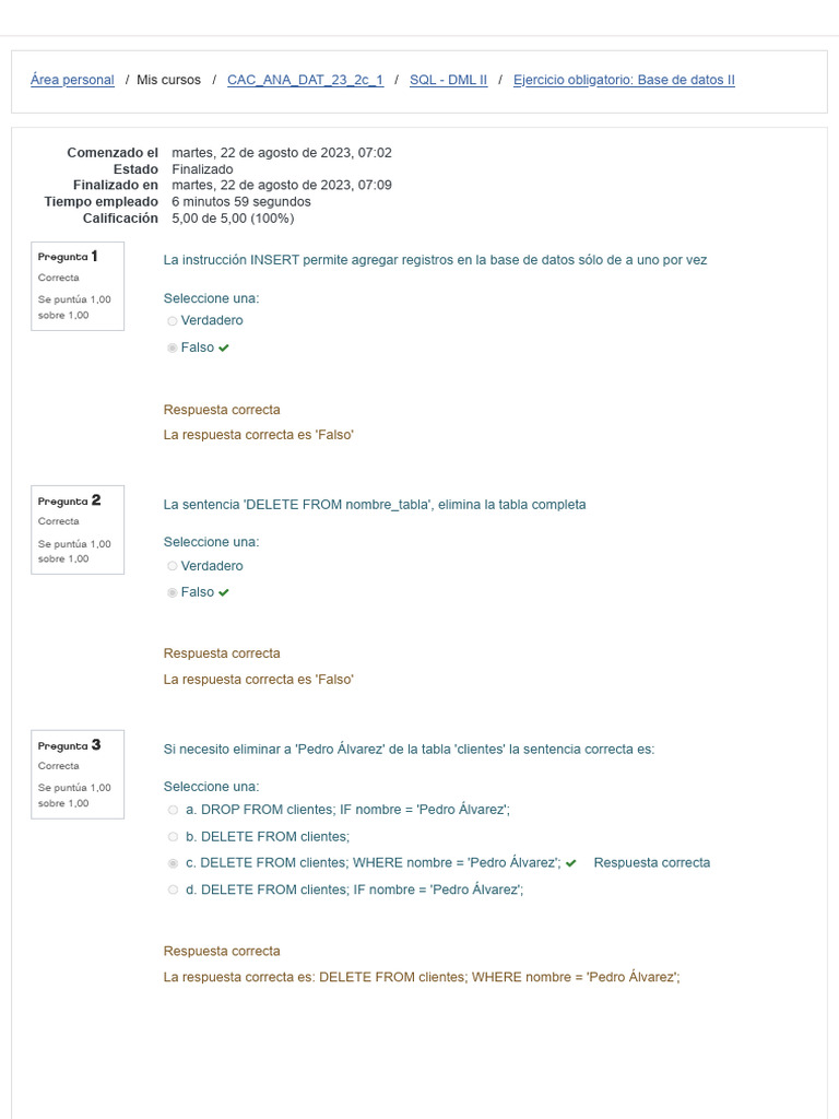 Ejercicio Obligatorio - Base de Datos II - Revisión Del Intento | PDF | SQL | Ingeniería de software