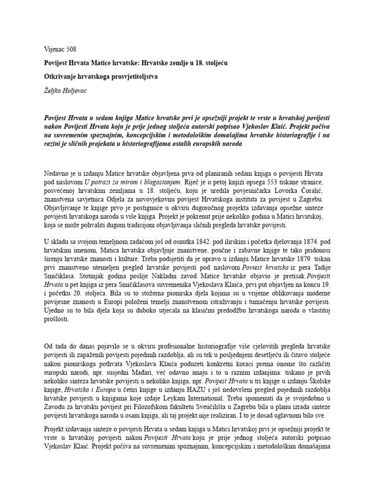 Hrvatske Zemlje U 18. Stoljeću - Otkrivanje Hrvatskoga Prosvjetiteljstva Vijenac 508 | PDF