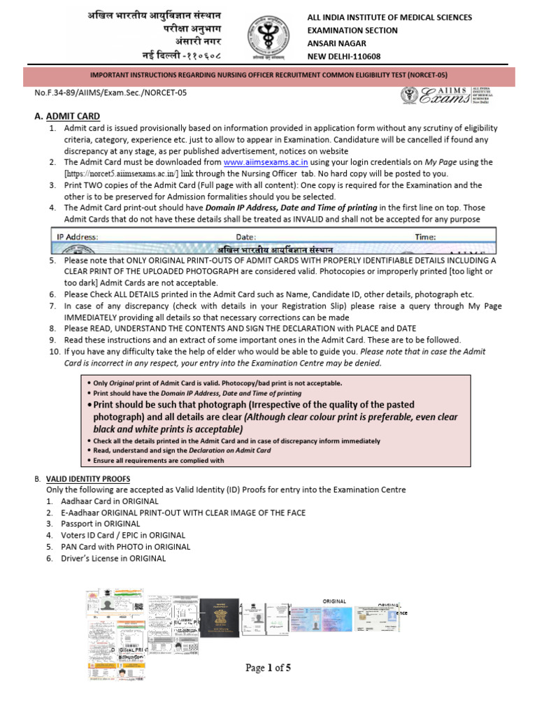 Instruction of Admit Card Updated | PDF | Identity Document