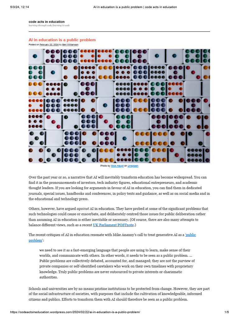 AI in Education Is A Public Problem - Code Acts in Education | PDF ... AI in Education Is A Public Problem - Code Acts in Education | PDF ...