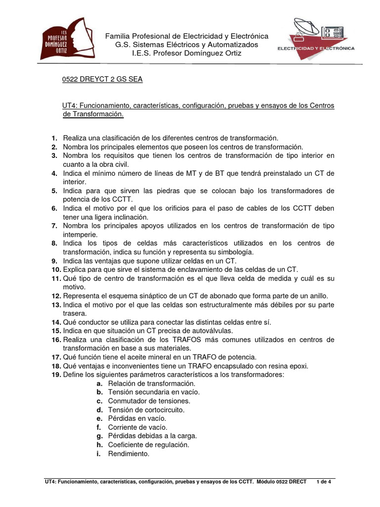 Ejercicios UT4 | PDF | Transformador | Subestacion electrica