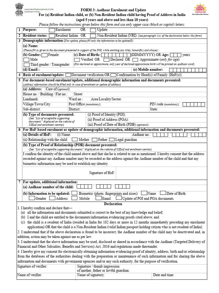 FORM 3: Aadhaar Enrolment and Update For (A) Resident Indian Child, or (B) Non-Resident Indian ...
